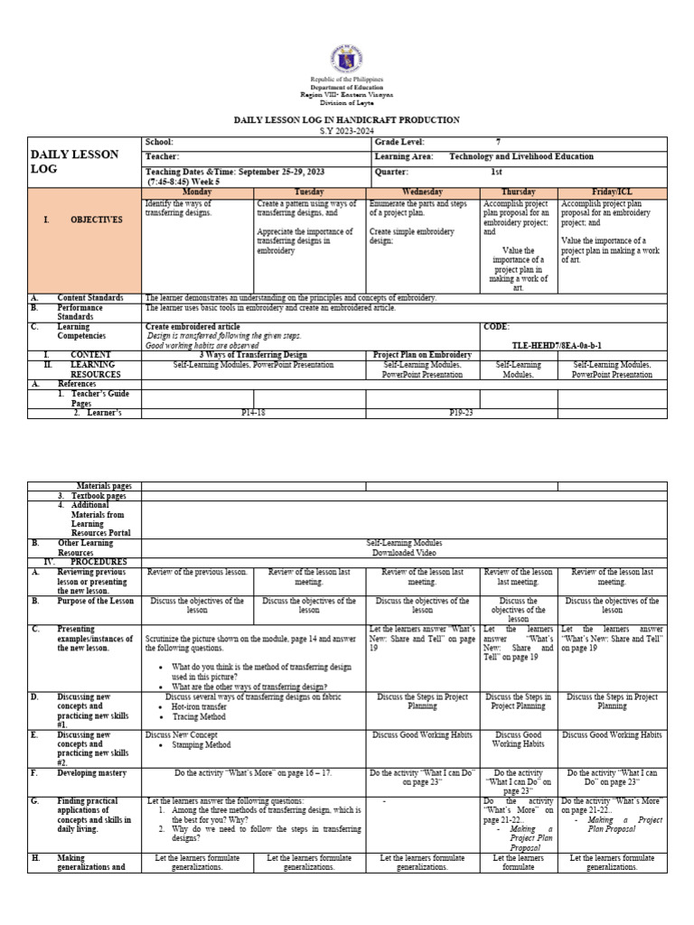 DLL Handicraft - Grade 7 Q1W5 | PDF