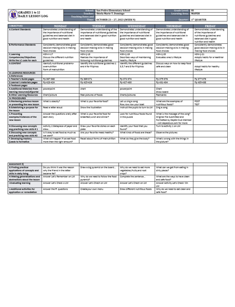 DLL - Mapeh 3 - Q1 - W9 | PDF | Wellness