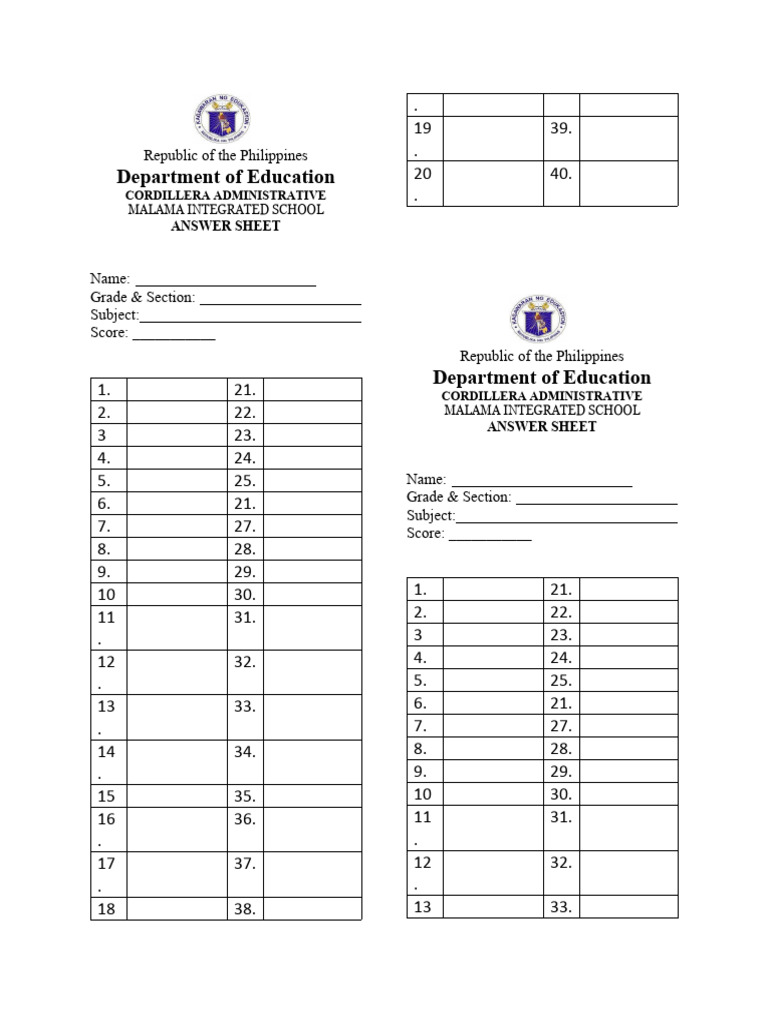 Answer Sheet g5 | PDF