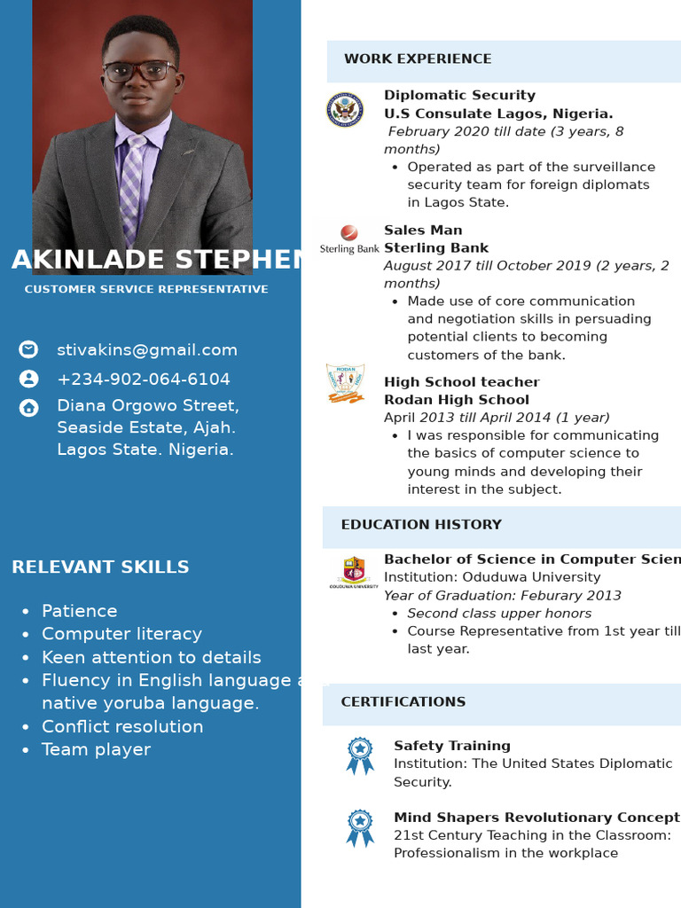 Akinlade Stephen Resume | PDF | Career & Growth
