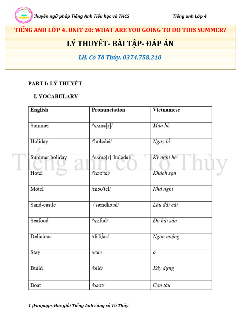 Lop 4 - Unit 20 - Ly Thuyet - Bai Tap - Dap An | PDF