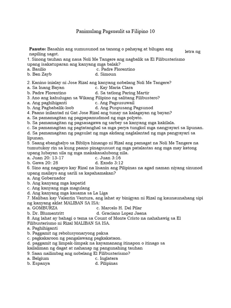 Panimulang Pagsusulit Sa Filipino 10 | PDF