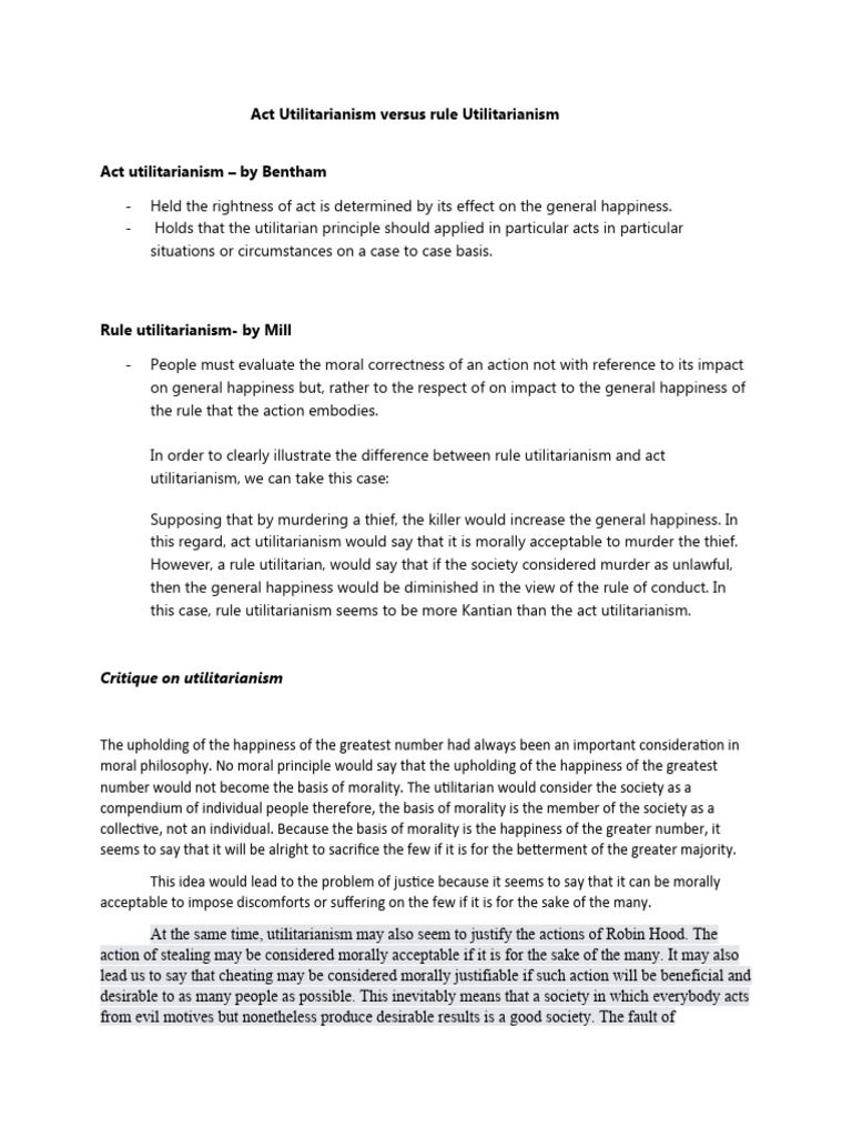 Act vs Rule Utilitarianism Explained | PDF