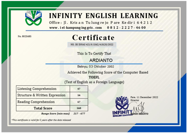 TOEFL Achievement Certificate | PDF