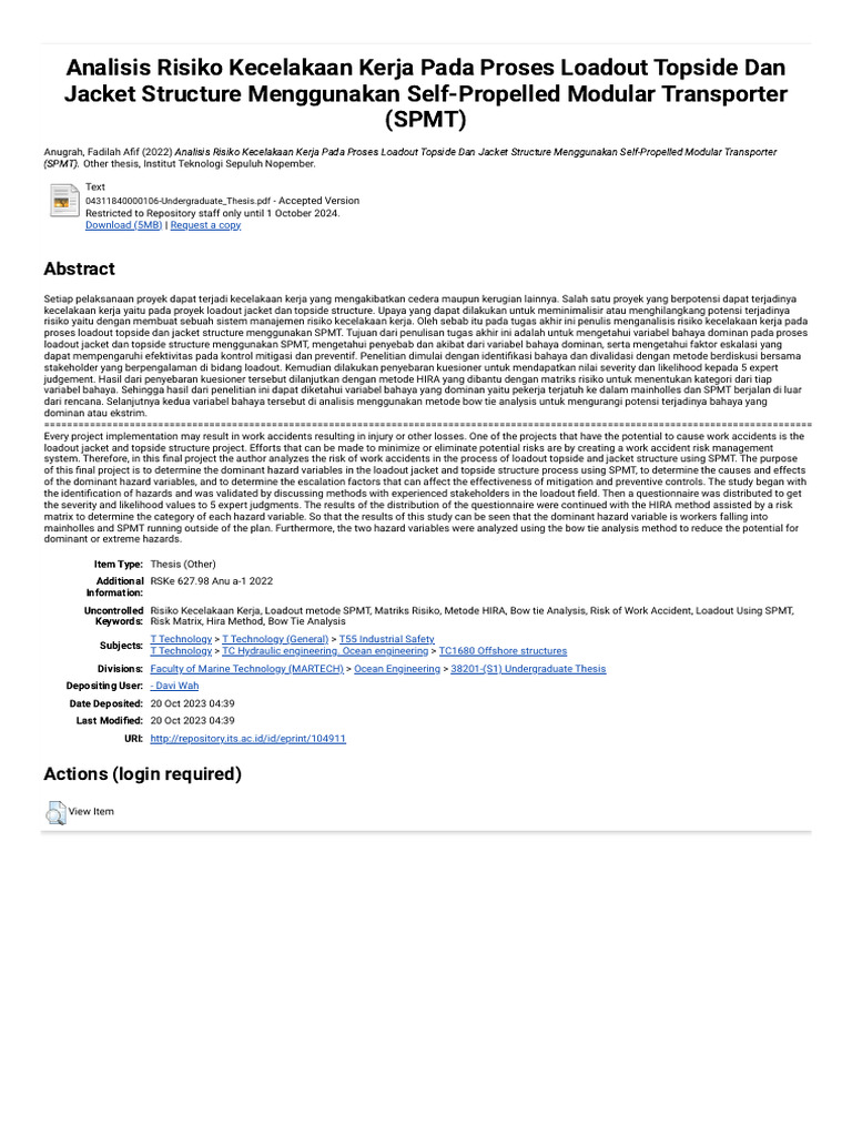 Analisis Risiko Kecelakaan Kerja Pada Proses Loadout Topside Dan Jacket ...