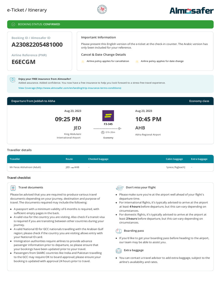 Almosafer Flight Confirmation Details | PDF