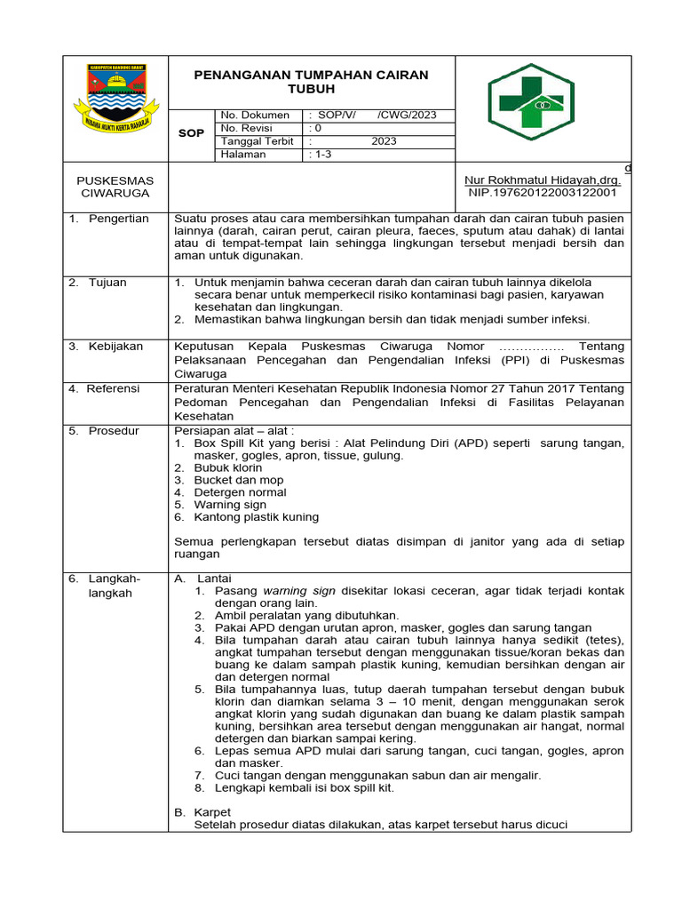 Sop Penanganan Tumpahan Cairan Tubuh | PDF