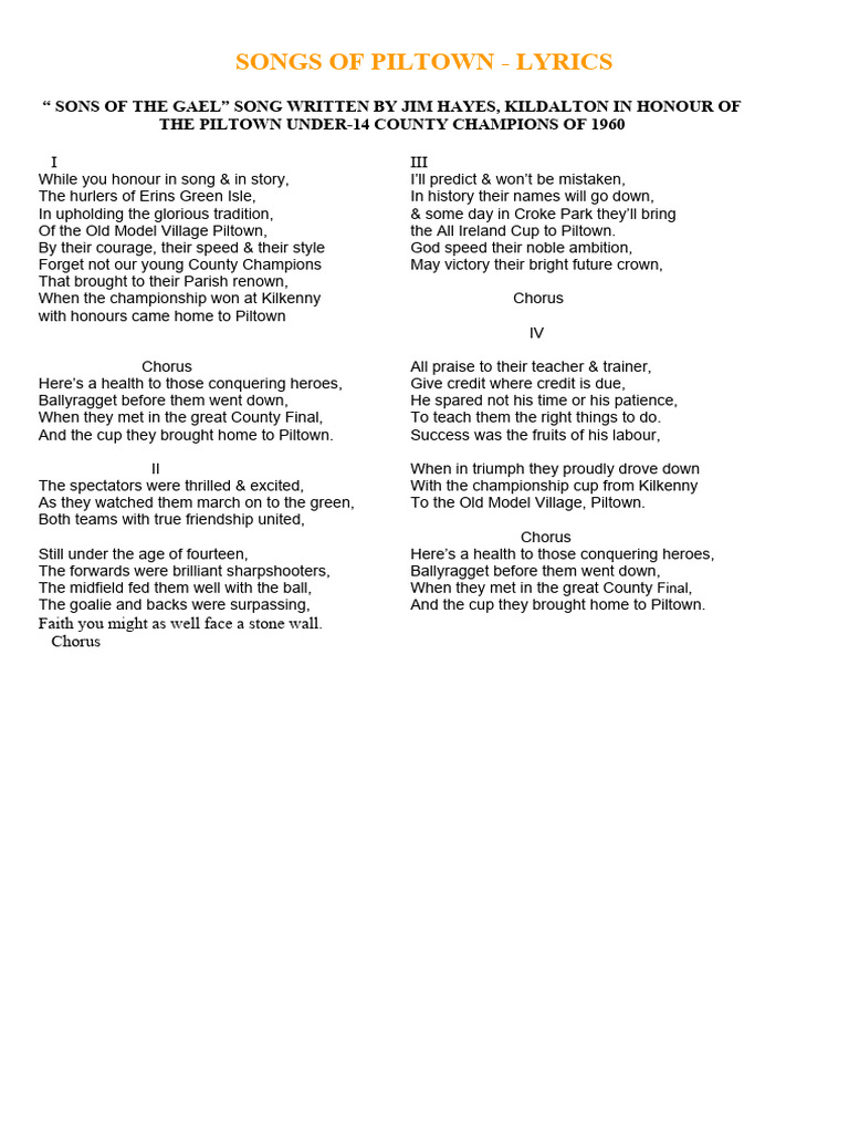 Piltown Songs & Lyrics Tribute | PDF