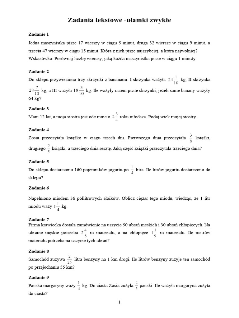 Zadania Tekstowe - Ułamki Zwykłe: Zadanie 1 | PDF Zadania Tekstowe - Ułamki Zwykłe: Zadanie 1 | PDF