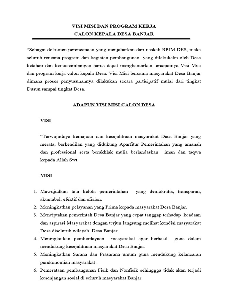 Visi Misi Dan Program Kerja Calon Kepala Desa Banjar | PDF