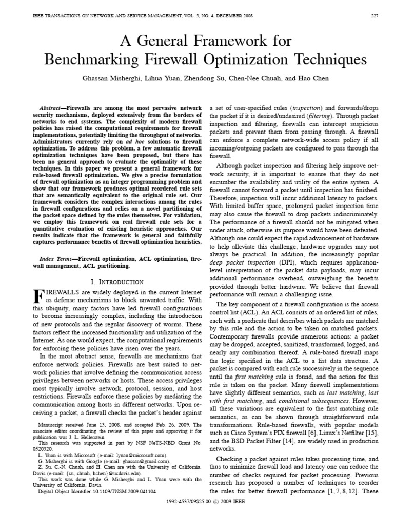 A General Framework For Benchmarking Firewall Optimization Techniques | PDF