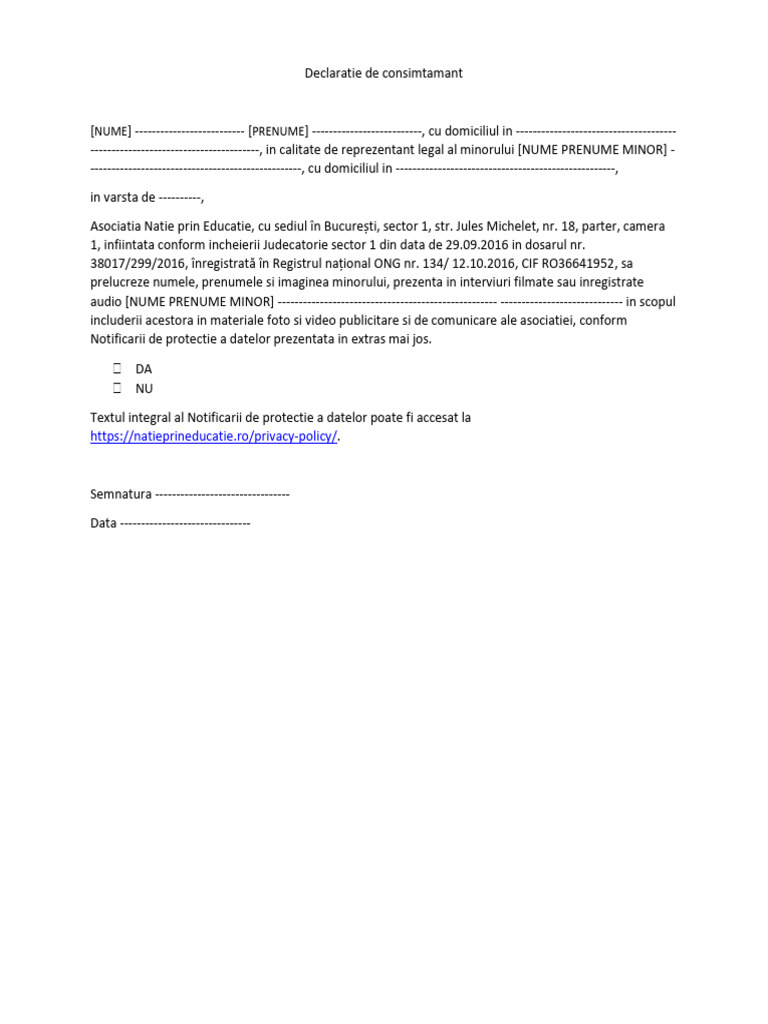 Declaratie Consimtamant Prelucrare Imagine Minori 2022 | PDF