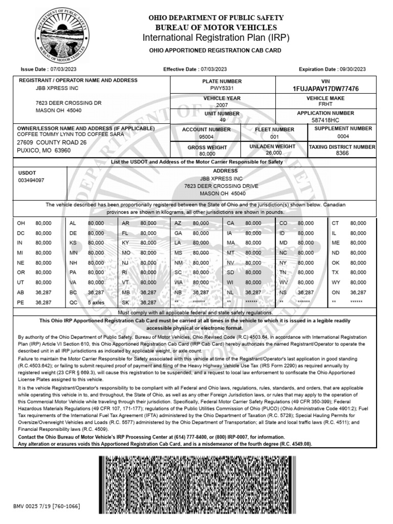 Ohio Apportioned Registration Cab Card | PDF