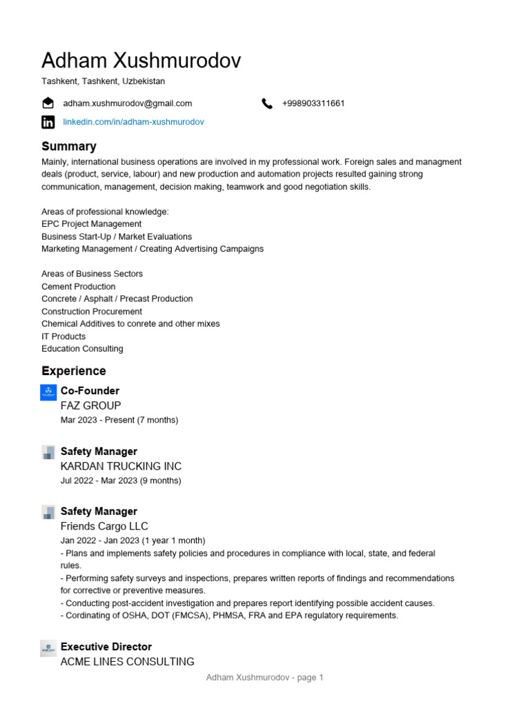 Resume Adham Xushmurodov | PDF