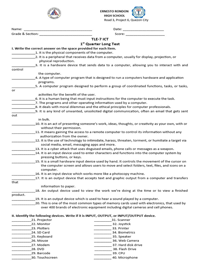 1st Quarter Ict Long Test Print | PDF