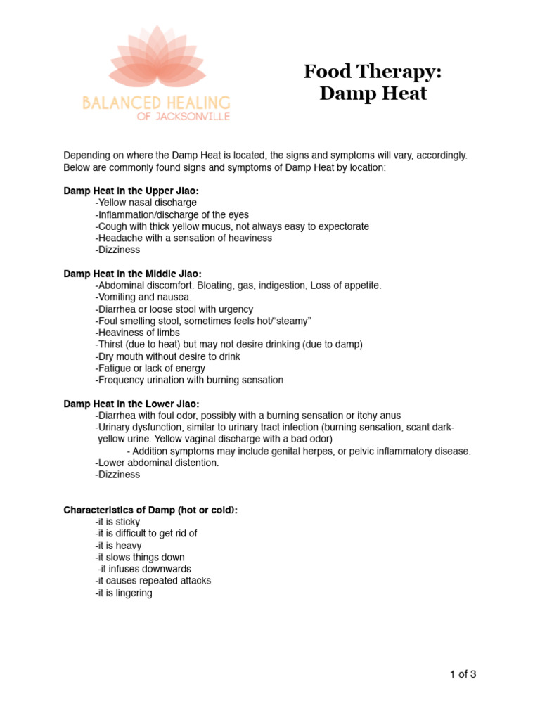 Damp Heat Symptoms & Food Therapy | PDF | Wellness