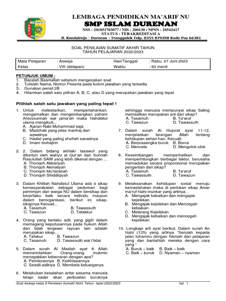 SOAL ASWAJA KLS 8 GENAP 2022-2023 Ok | PDF