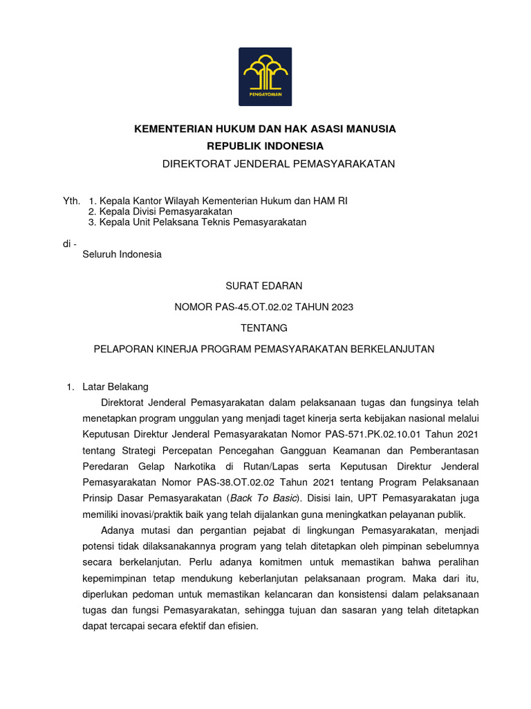 01 Surat Edaran Tentang Pelaporan Kinerja Program Pemasyarakatan ...