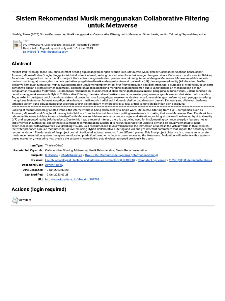 Sistem Rekomendasi Musik Menggunakan Collaborative Filtering Untuk ...