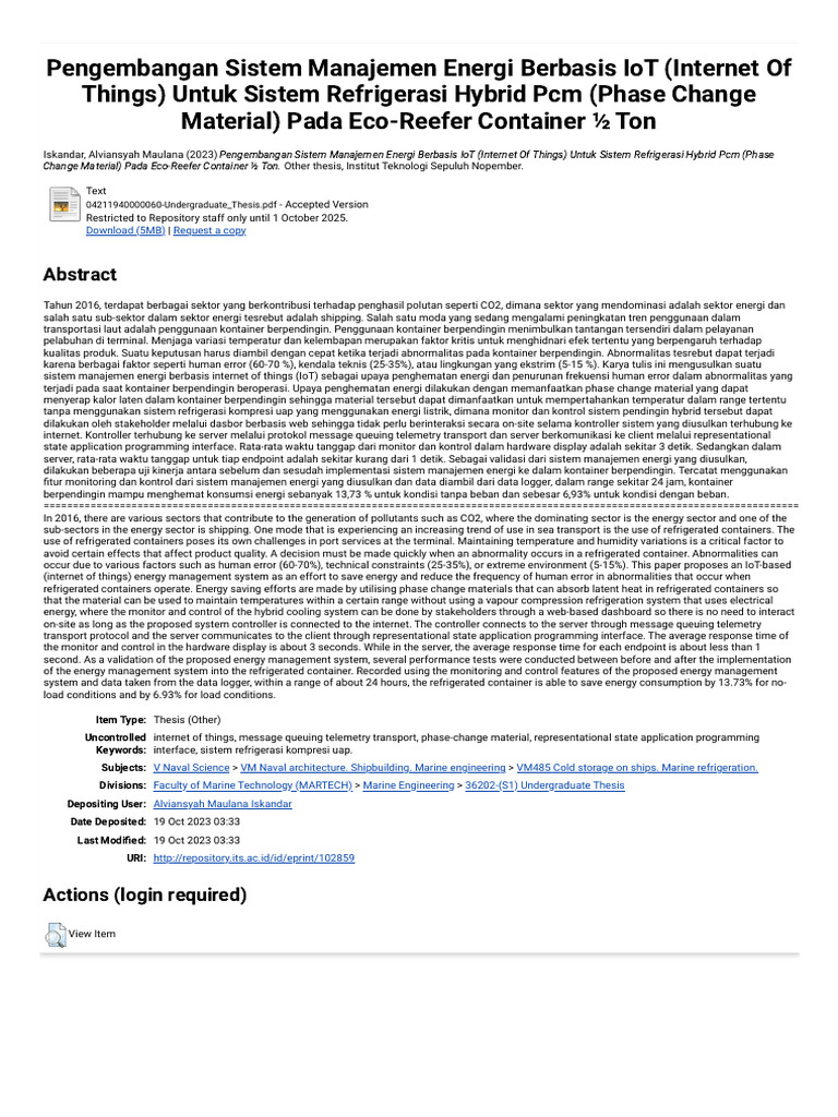 Pengembangan Sistem Manajemen Energi Berbasis IoT (Internet of Things) Untuk Sistem Refrigerasi ...