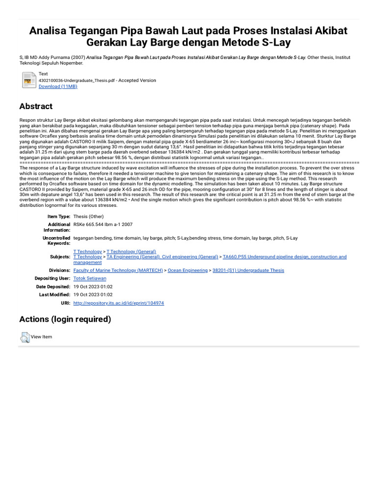 Analisa Tegangan Pipa Bawah Laut Pada Proses Instalasi Akibat Gerakan ...