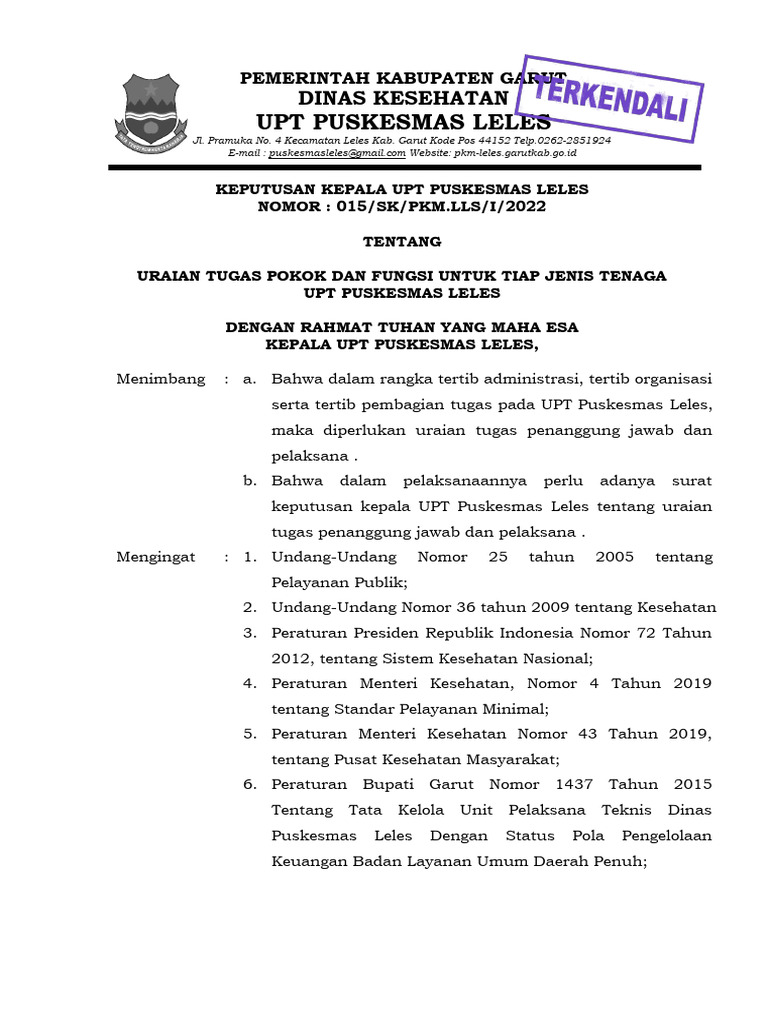 SK Uraian Tugas Sesuai Peta Jabatan PKM Leles | PDF