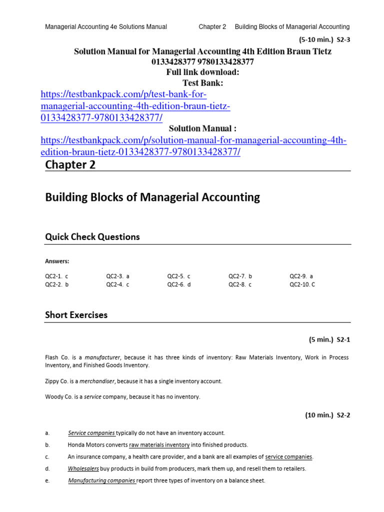 Solution Manual For Managerial Accounting 4th Edition Braun Tietz ...