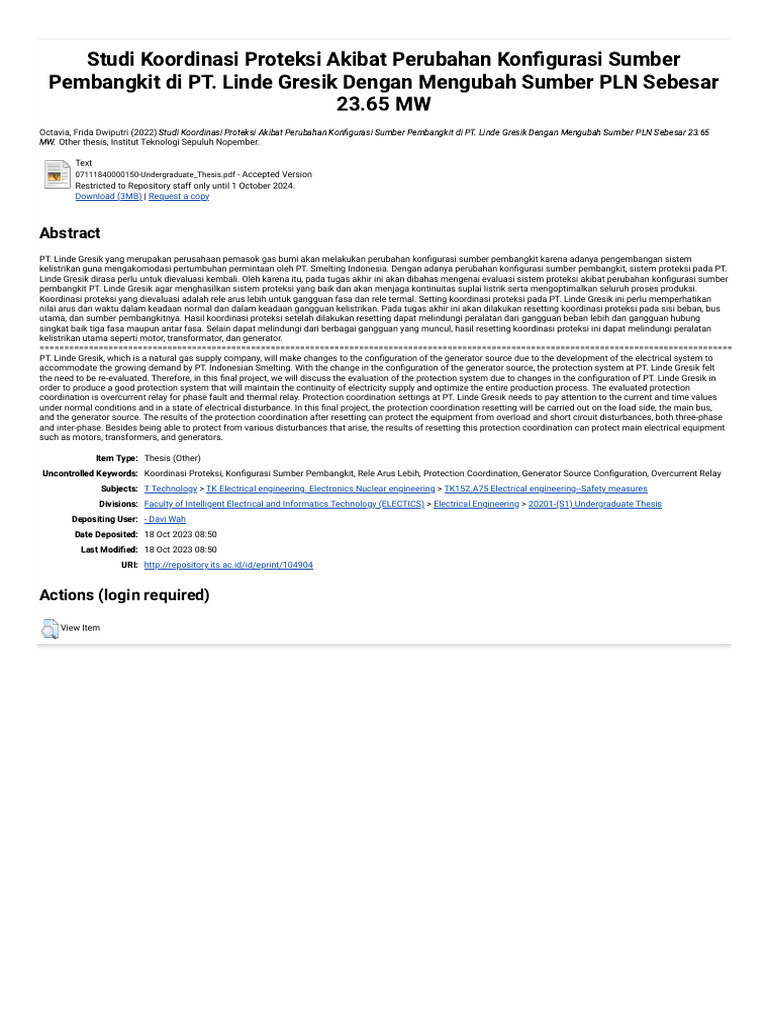Studi Koordinasi Proteksi Akibat Perubahan Konfigurasi Sumber ...