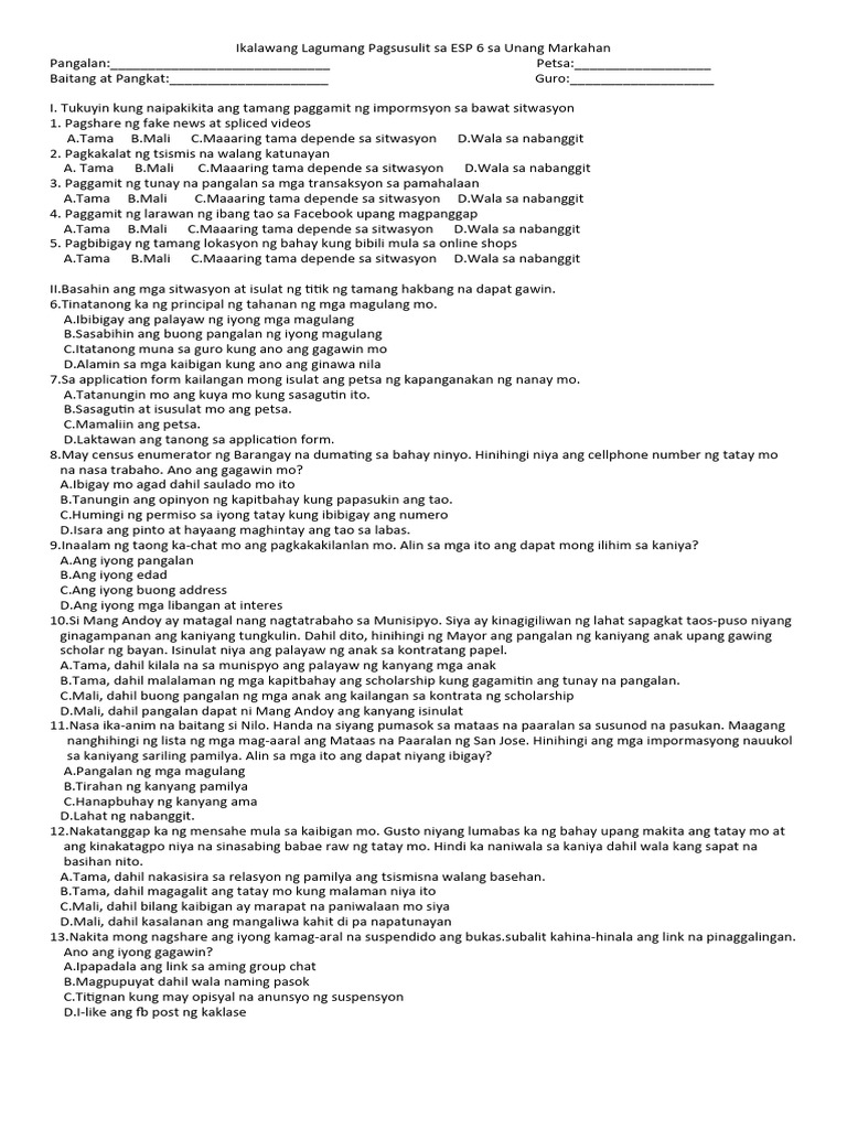 Ikalawang Lagumang Pagsusulit Sa ESP 6 Sa Unang Markahan | PDF