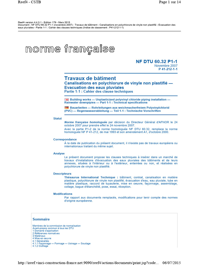 Travaux de Bâtiment: NF DTU 60.32 P1-1 | PDF