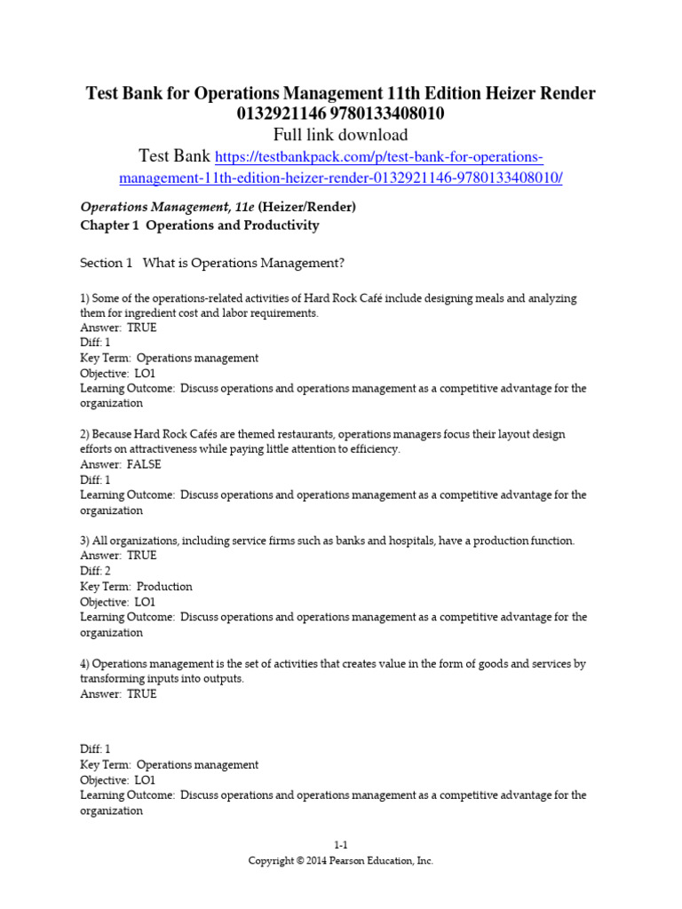 Test Bank for Operations Management 11th Edition Heizer Render ...