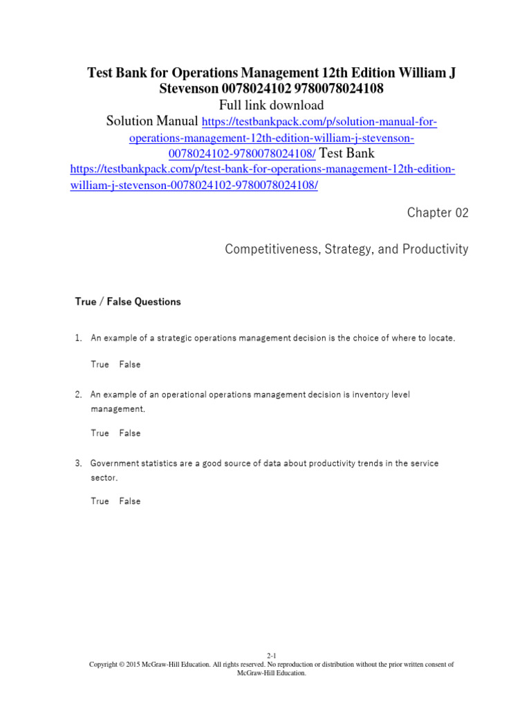 Test Bank For Operations Management 12th Edition William J Stevenson ...
