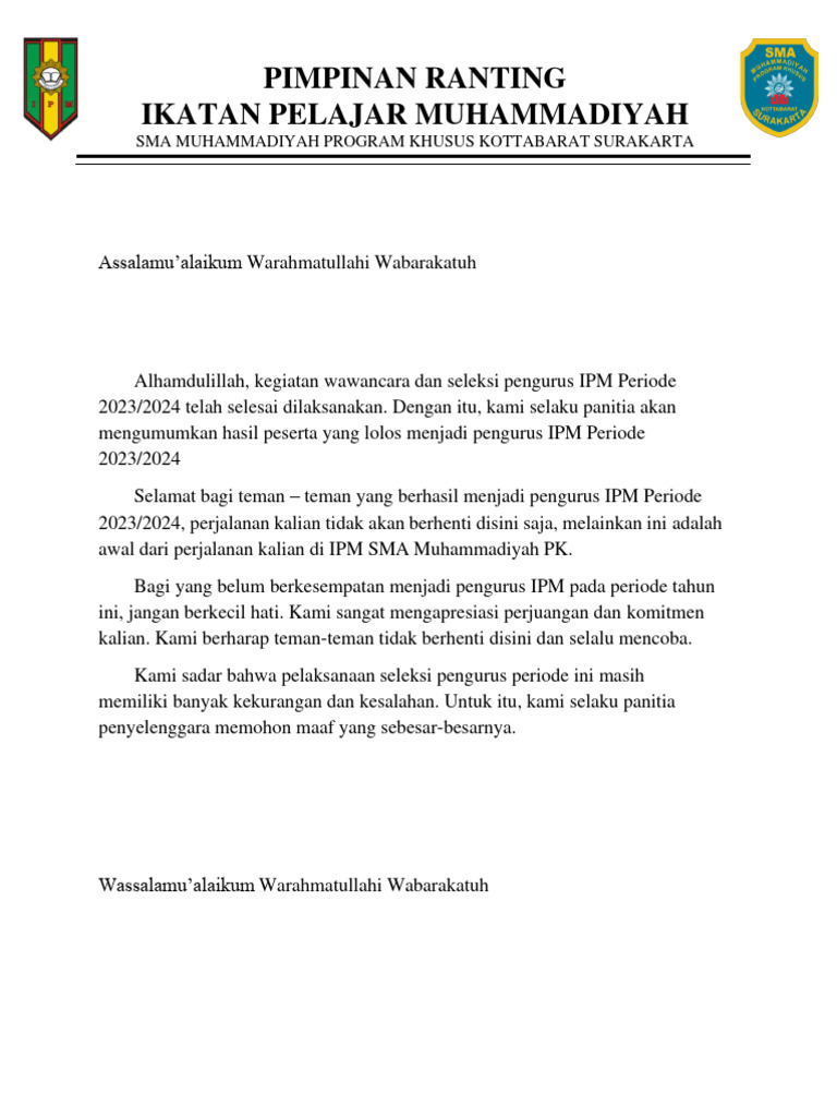 Pengurus IPM SMA Muhammadiyah 2023/2024 | PDF | Karier & Perkembangan