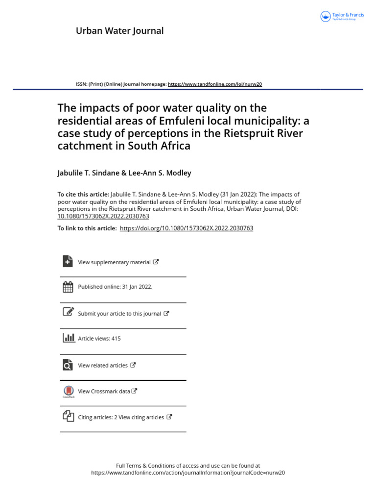 The Impacts of Poor Water Quality On The Residential Areas of Emfuleni ...