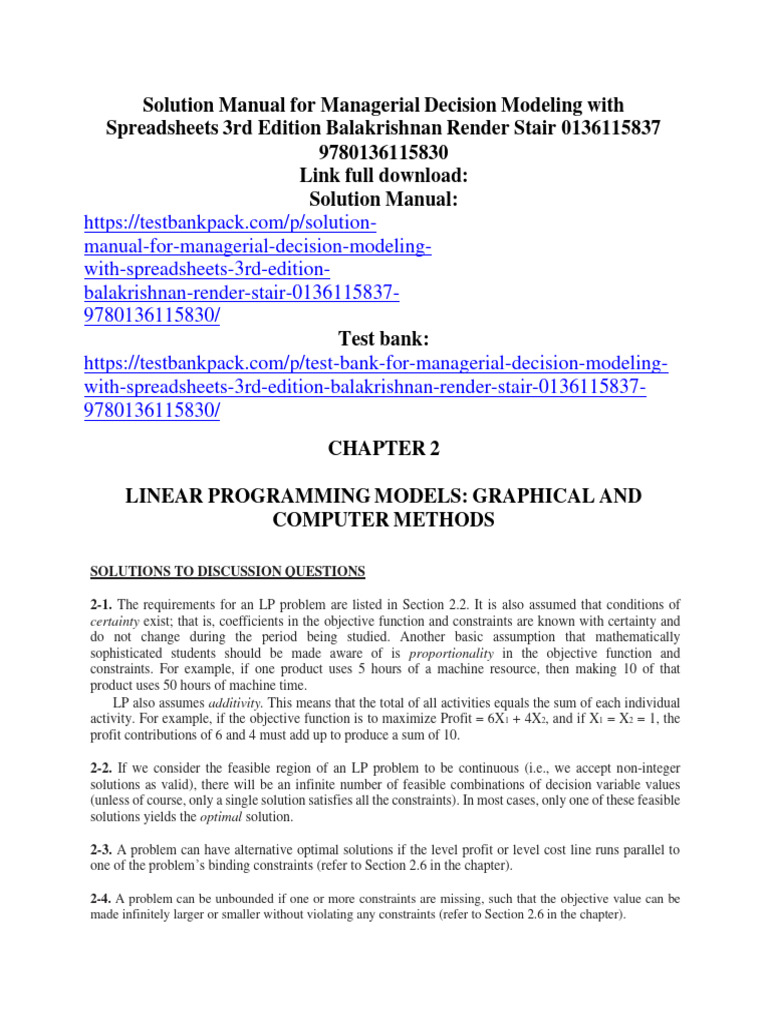 Solution Manual For Managerial Decision Modeling With Spreadsheets 3rd Edition Balakrishnan ...