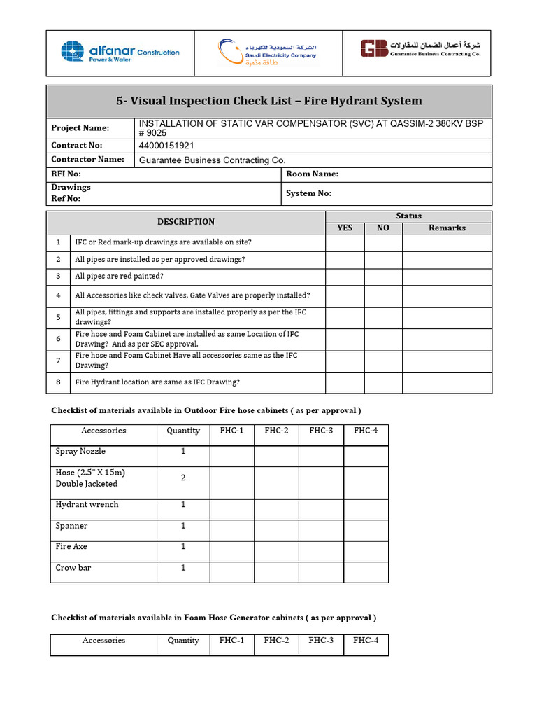 Fire Hydrant System Inspection Checklist | PDF