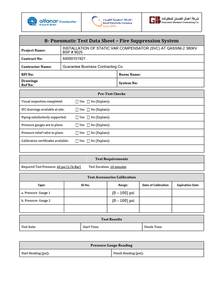 8 - Penumatic Test Data Sheet | PDF