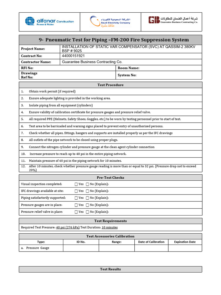 9 - Pneumatic Test - Fire Suppression System Piping | PDF