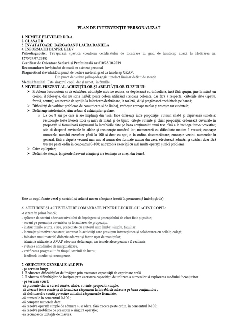Plan de Interventie Individualizat D Da Clasa I | PDF