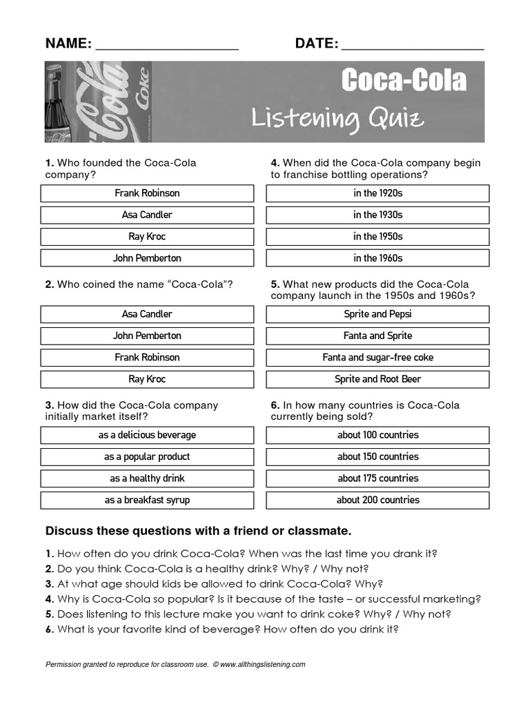 Coca Cola Listening Quiz Pdf