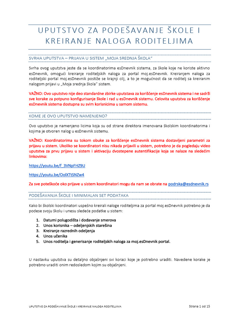 Uputstvo Za Podešavanje Škole I Kreiranje Naloga Roditeljima | PDF