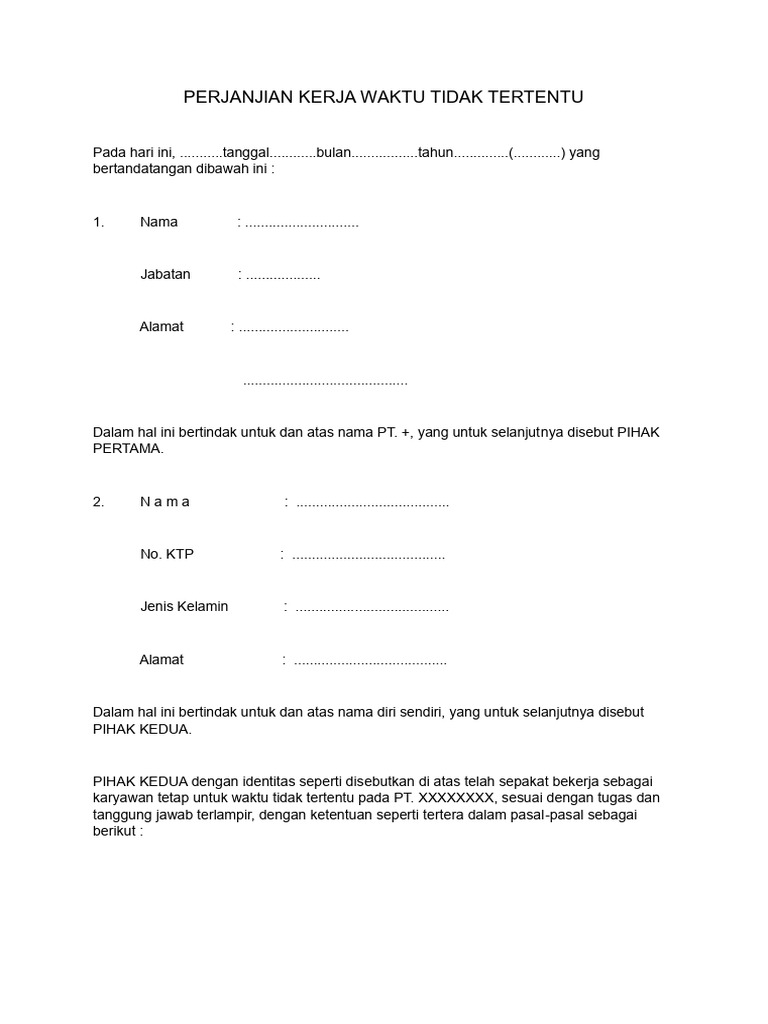 Pkwtt Perjanjian Kerja Waktu Tidak Tertentu Pdf
