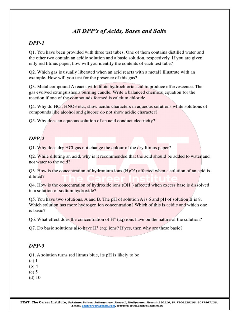 10th Chapter 2 DPPs - Acid, Bases and Salts | PDF