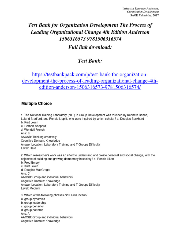 Test Bank For Organization Development The Process of Leading ...