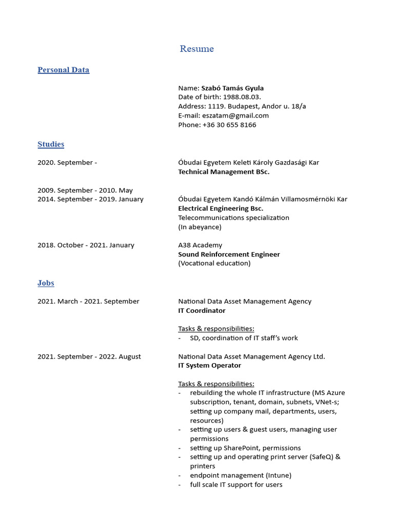 Szabo Tamas Gyula CV Eng | PDF