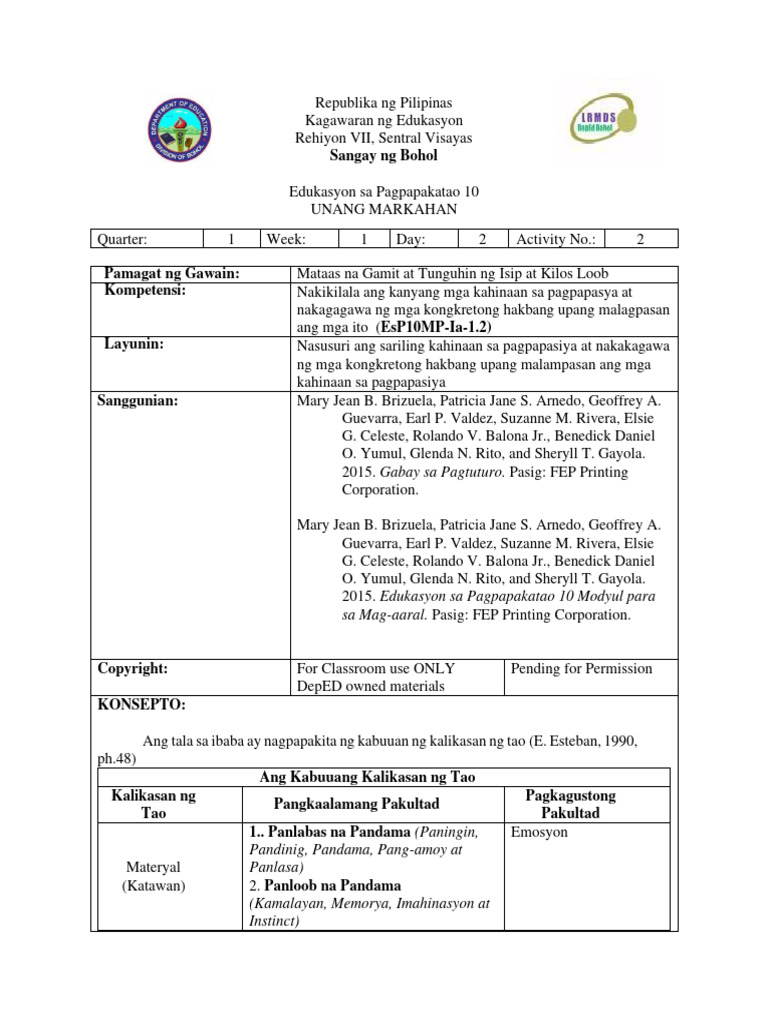 EsP10 Q1 Wk1 Day2 | PDF