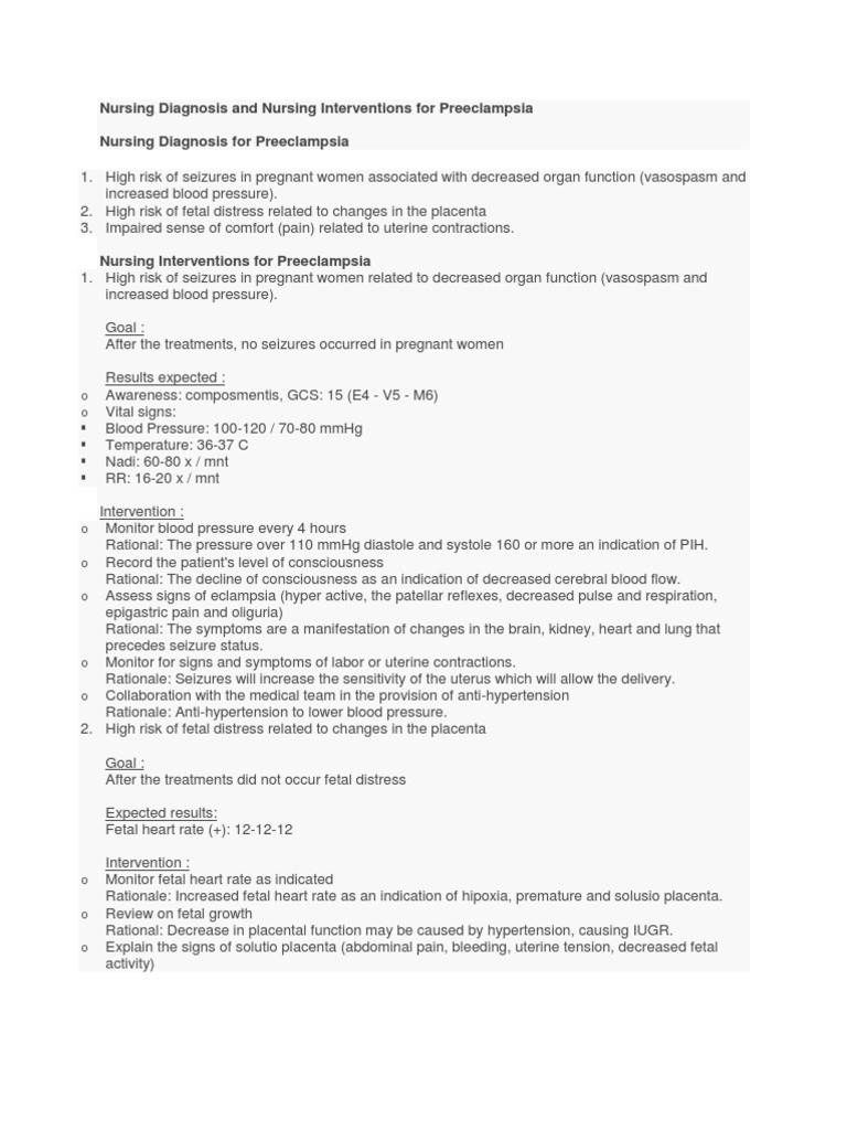 Nursing Care Plane 4 Preeclampsia | Blood Pressure | Fetus