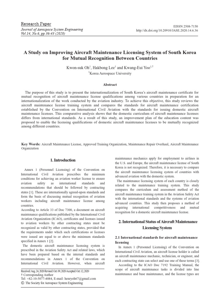 A Study On Improving Aircraft Maintenance Licensing System of South Korea For Mutual Recognition ...