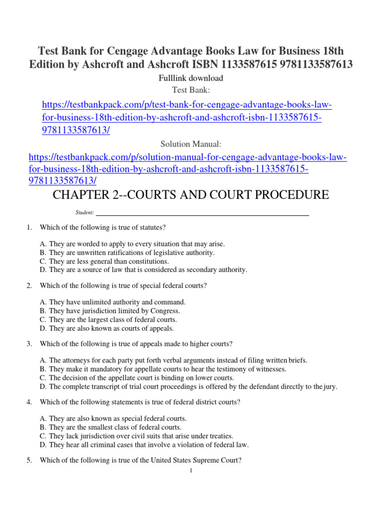 Test Bank For Cengage Advantage Books Law For Business 18th Edition by ...