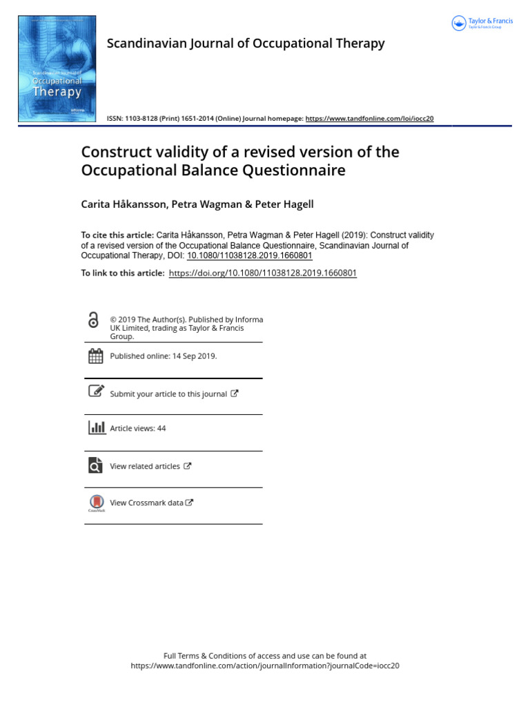 Construct Validity of A Revised Version of The Occupational Balance ...